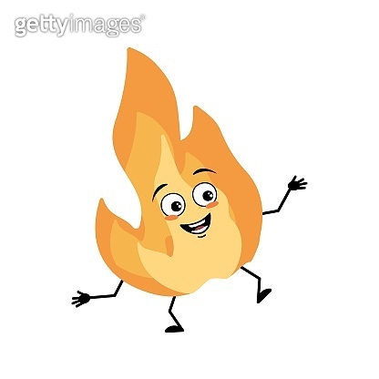 Cute flame character with happy emotions, joyful face, smile eyes, arms ...
