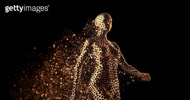 Futuristic golden low polygonal hologram of a female body walking on a ...