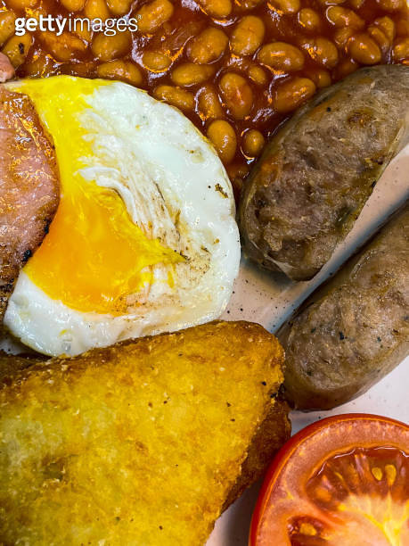 Full frame image of full English fried breakfast of bacon rasher ...