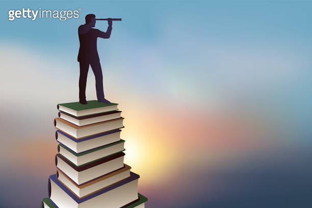 Symbol of leadership with a visionary man at the top of a stack of ...