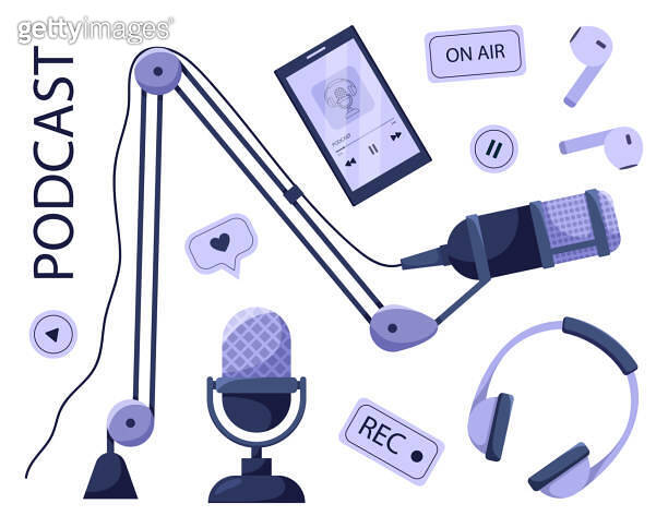 Set of different podcast elements. Podcasting, online show, streaming ...