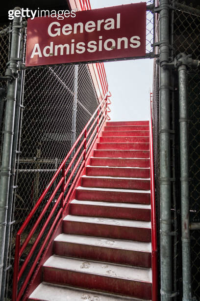 General Admissions Sign Above a Winter Snow Stadium Stairway ...