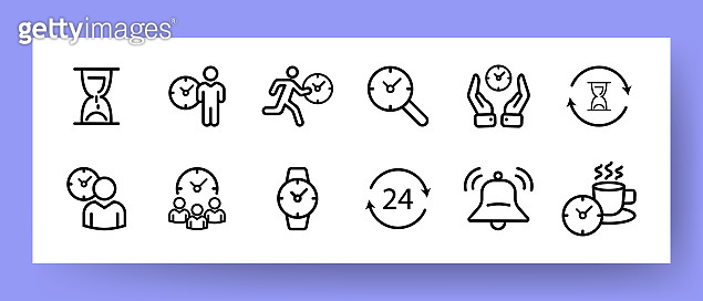Time icons set. Icons hourglass, alarm clock, time search, being late ...