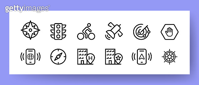 Geodata icons set. Cycling, traffic light, satellite, geolocation and ...