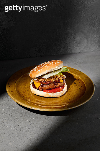 American burger with cheese and crispy onion on plate on gray concrete ...