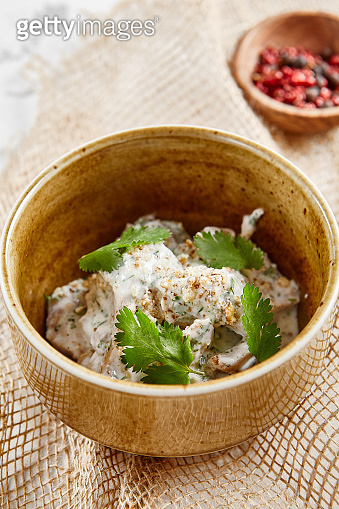Traditional Georgian appetizer - sacivi. Georgia dish from cooked ...