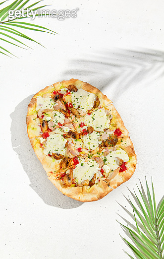 Roman pizza in summer style. Modern pinsa with mushrooms on white ...