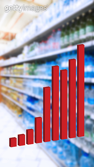Growing business red 3d graph chart on blurred supermarket background ...