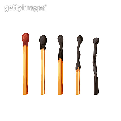 Burnt match stick with fire. Set of matchsticks with sulfur head ...