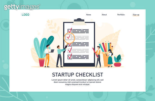 Application landing page template. People creating and checking plan on ...