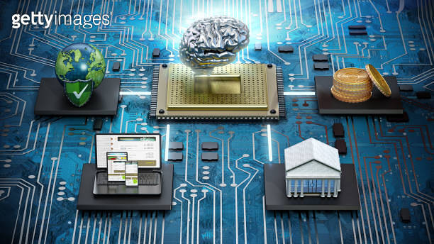 Bank building, globe, electronic devices and crypto currency on ...