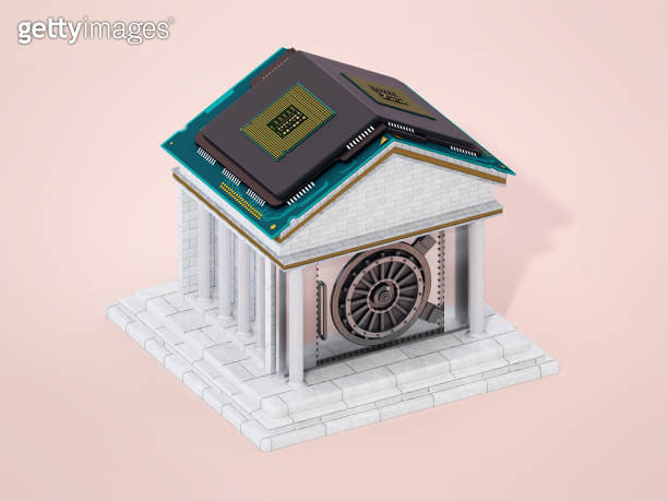Bank building with vaulted steel door and microchip roof. Digital ...