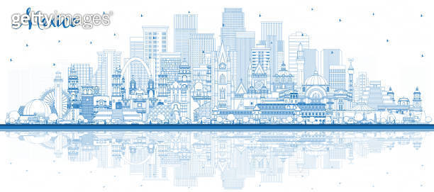 Outline Mexico Country Skyline with Blue Buildings and Reflections ...