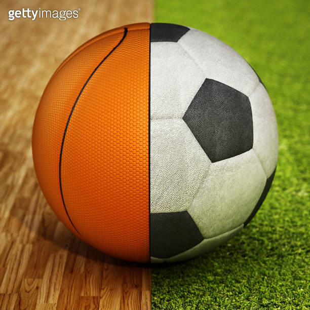 Half football and half basketball on the parquet floor and grass pitch ...