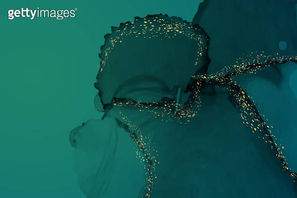 Watercolor background with abstract turquoise green ink waves and ...