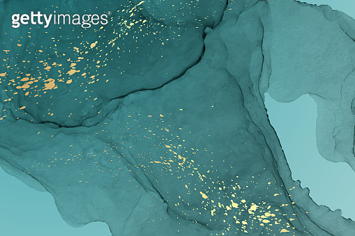 Watercolor background with abstract turquoise green ink waves and ...