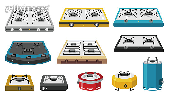 Camping stove cartoon icon set. Cartoon gas camp burners, portable ...