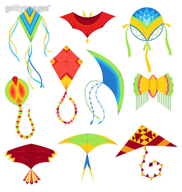 Flying air kites in different shapes. Collection of vector wind toy for ...