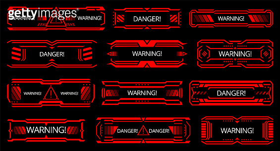 Hud danger alerts. Attention vector red interface signs, warning and ...
