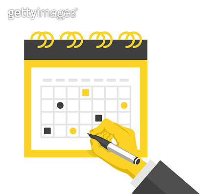 Marking calendar, mark event. Flat vector illustration. Human hand with ...