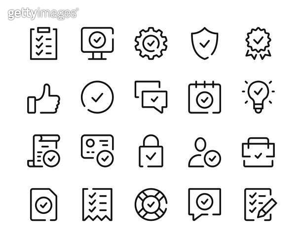 Check mark icons. Vector line icons set. Approve, tick, quality control ...