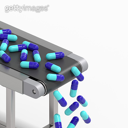 Medical capsules ride on an assembly line. The production of drugs. 3d ...