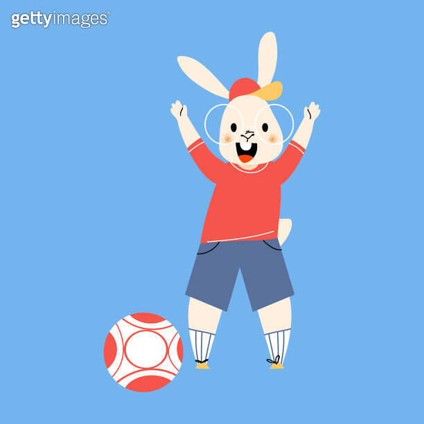 Rabbit bunny playing soccer. Cute football animal mascot in sports ...