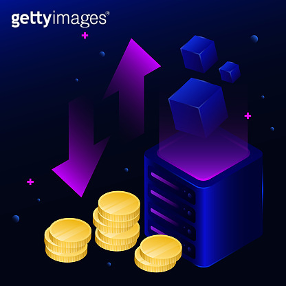 Isometric Blockchain Illustration. Coins, Cubes, Graphs on the Gradient ...