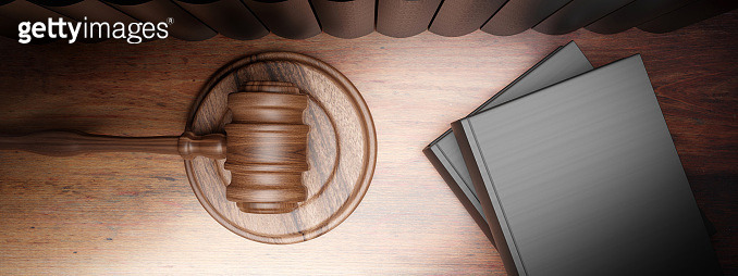 Law, lawyer office, legal books and judge gavel on wooden desk. Court ...