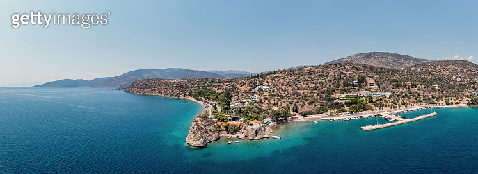 Antikyra Greece, aerial panorama. Coastal village boat marina and beach ...