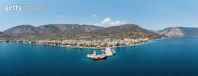 Antikyra Greece, aerial panorama. Coastal village boat marina and beach ...