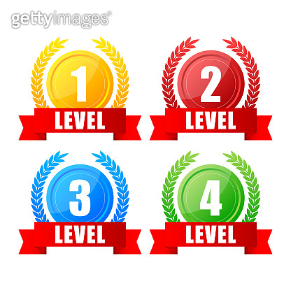 1,2,3,4 level up sign. Game label, award, rating. Level results. Vector ...