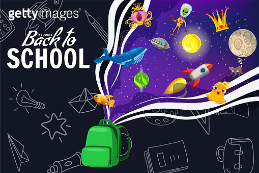 Back to school poster backpack, space imagination, creative concept ...
