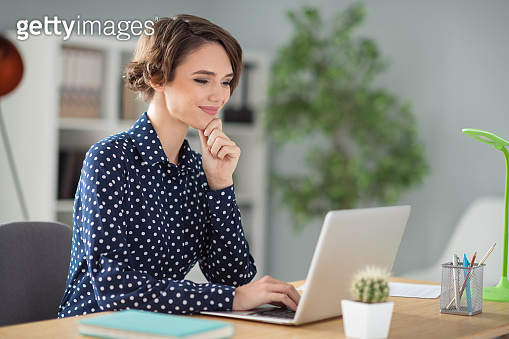 Profile side view portrait of attractive focused cheerful girl expert ...