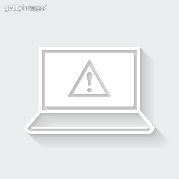 Laptop with hazard warning attention. Icon with long shadow on blank background - Flat Design ...