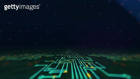 Circuit board with conceptual image of the orange electrical signals ...
