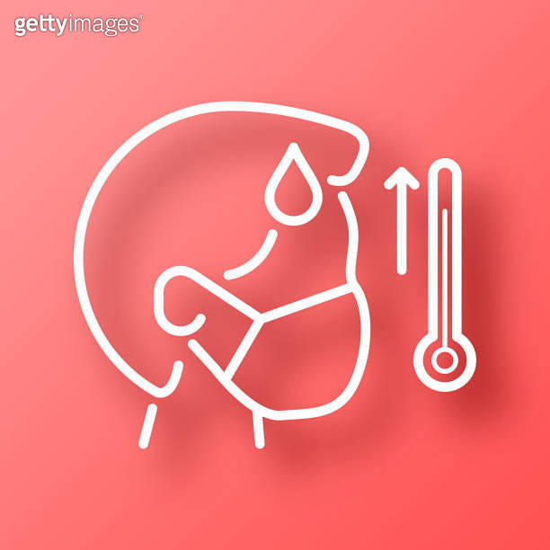 Sick person with fever. Icon on Red background with shadow 이미지 ...