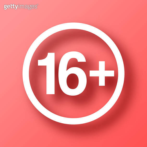 16+ Sixteen plus sign - Age restriction. Icon on Red background with ...