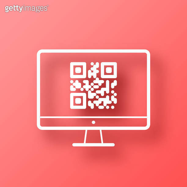 Desktop computer with QR code. Icon on Red background with shadow 이미지 ...