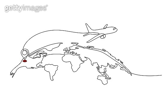 Continuous line drawing of airplane flight route and airport ...