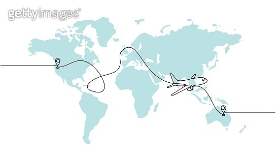Continuous line drawing of airplane flight route and airport ...
