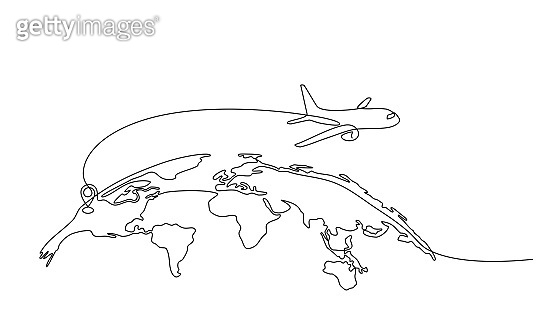 Continuous line drawing of airplane flight route and airport ...