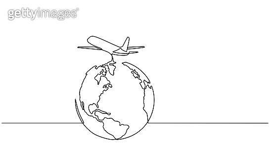 Continuous line drawing of airplane flight route and airport ...