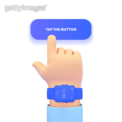 Cartoon hand holding a phone. Smartphone mockup. The finger taps on the ...