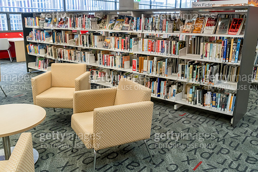 At the community public local library. Chairs waiting for readers and ...