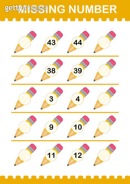 Missing number with Pencil. Worksheet for kids 이미지 (1407005362) - 게티이미지뱅크