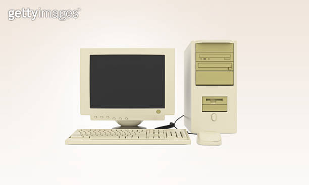 Old vintage desktop computer With keyboard and mouse. Old fashioned ...