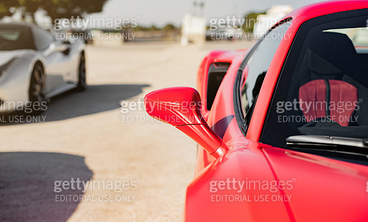 Calafat, Spain, April 18, 2021: Detail view of the rear view mirror of ...