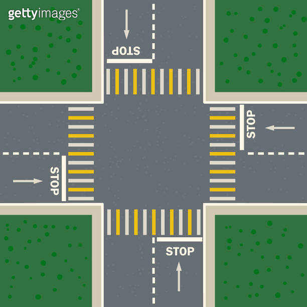Crossroads with crosswalk. Crossroad of two roads and road markings top ...
