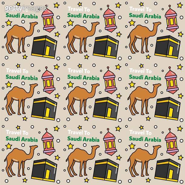 Travel to Saudi Arabia doodle seamless pattern vector design. Camel. Ka ...